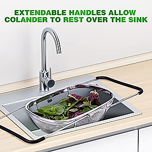 6-Quart Large Over The Sink Colander, 18/8 Stainless Steel Fine Mesh Strainer Basket with Expandable Rubber Grip Handles - Strain, Drain, Rinse Fruits, Vegetables