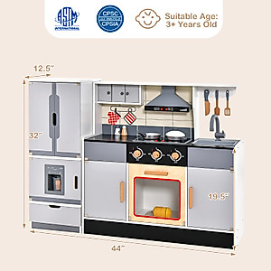 HONEY JOY Kids Kitchen Playset, 2-Piece Modular Wooden Play Kitchen for Toddlers & Refrigerator with Ice Maker, Range Hood, Oven, Little Chef Pretend Toy Kitchen Set with Light & Sound, Gray