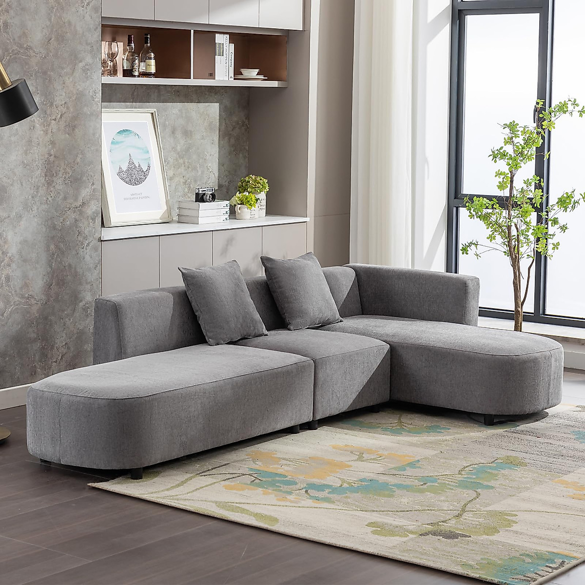 CALABASH Modern L Shaped U Style Seat Couch, Left Facing Sectional Modular Sofa, Convertible Upholstered 3-5 Seater Couches with 2 Pillows for Living Room, Bedroom, Office(Grey, 3 Seater Sofa)