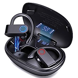 PRTUKYT Wireless Earbuds, Bluetooth 5.0 Running Headphones Stereo Deep Bass Sport Earphones Built-in Mic Digital LED Display 30Hrs Playtime Headset with Ear Hooks for Sports Running Gym
