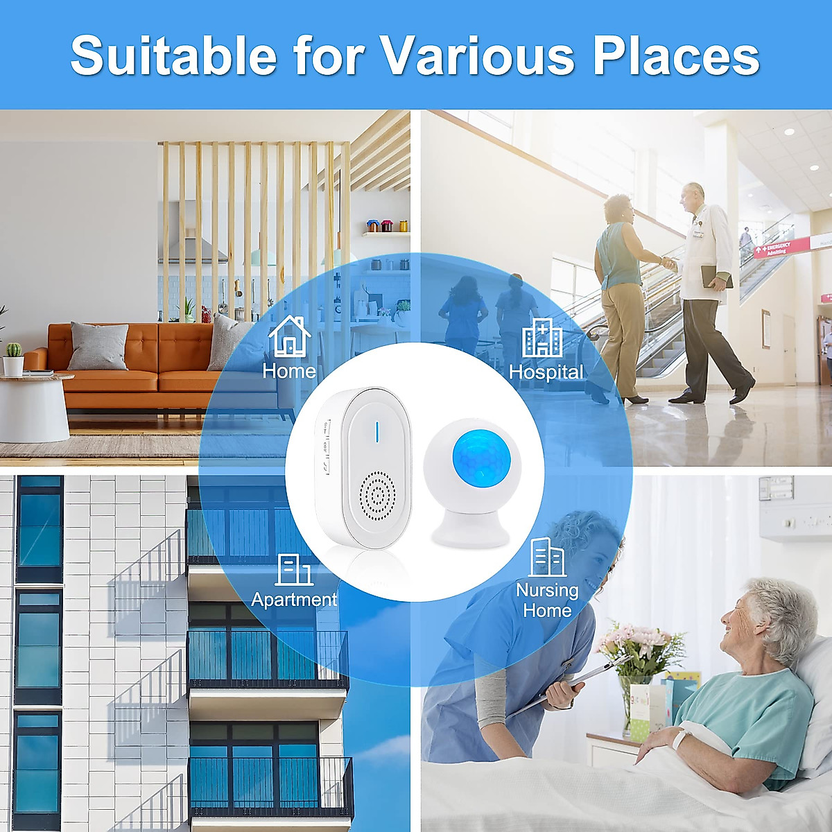 CallToU Portable Bed Alarm Caregiver Pager and Fall Prevention for Elderly Monitoring Dementia Patients Seniors Home, 2 Receiver 2 Magnetic Motion Detectors