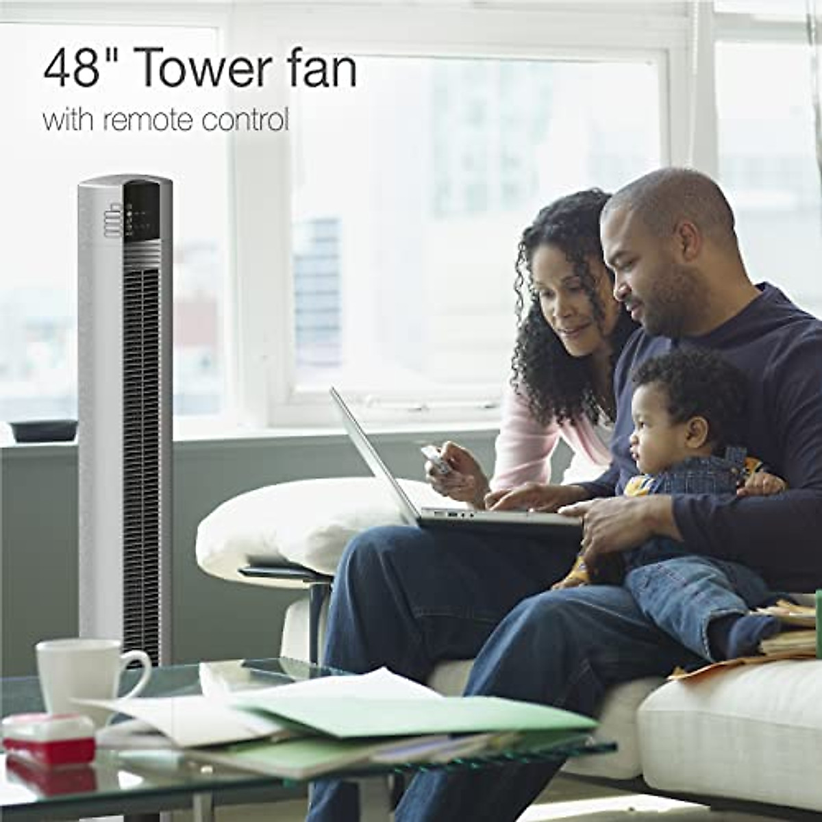 Lasko Portable Electric 48" Oscillating Tower Fan with Fresh Air Ionizer, Timer and Remote Control for Indoor, Bedroom and Home Office Use, Gray T48310