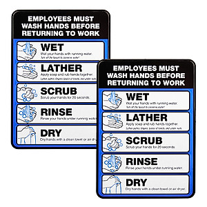 Excello Global Products Employee Must Wash Hand Sign: 5"x7" Plastic Sign for Businesses with Easy Mount Adhesive Strips (Pack of 2)