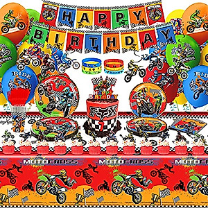 Dirt Bike Party Decorations, 113 PCS Motorcycle Theme Party Supplies Include Happy Birthday Banner, Hanging Swirls, Cake Toppers, Ballons, Plates and Napkins, Motocross Birthday Decorations for Boys