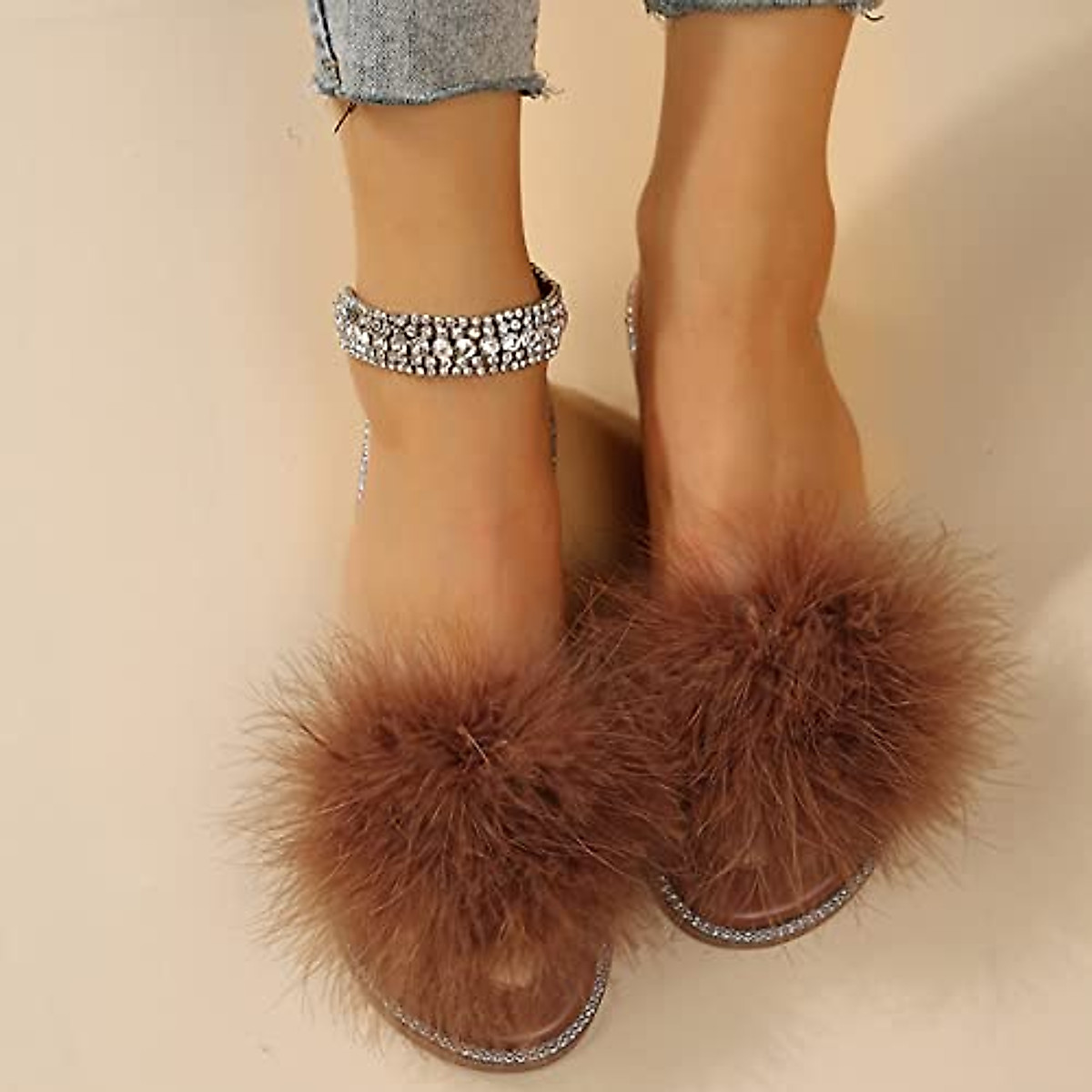 Slide Slippers Women Ladies Fashion Multi Color Plush Rhinestone Decorative Flat Open Toe Beach Slippers (Brown, 6.5)