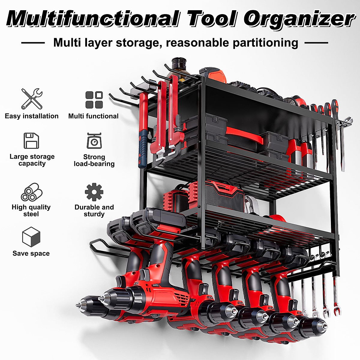 CATCHLUCK Power Tool Organizer Power Tool Storage 6 Drill Holder Wall Mount, Heavy Duty Metal Power Tool Rack 4 Layer 12 Hooks Tool Organizer