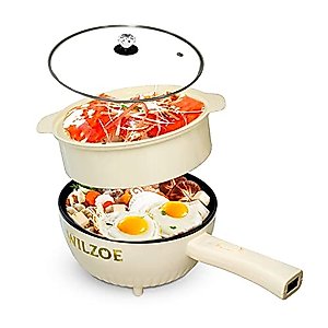 Wilzoe Electric Hot Pot 2.8L,1000W Non-Stick Saute Pan,Rapid Noodles Cooker,Electric Cooking Pot,Ramen Cooker for Steak,Egg,Fried Rice,Dumplings,with Power Adjustment,(Food Steamer Included),Beige