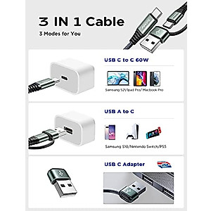 AINOPE Newest 2-in-1 Charger Cable 2-Pack 6.6ft, 3.1A C to C Fast Charging Cable Nylon Braided USB A/C to USB C Cord Compatible with iPad Pro/Air/Mini 6 MacBook Air Galaxy S22 21 S10 Note