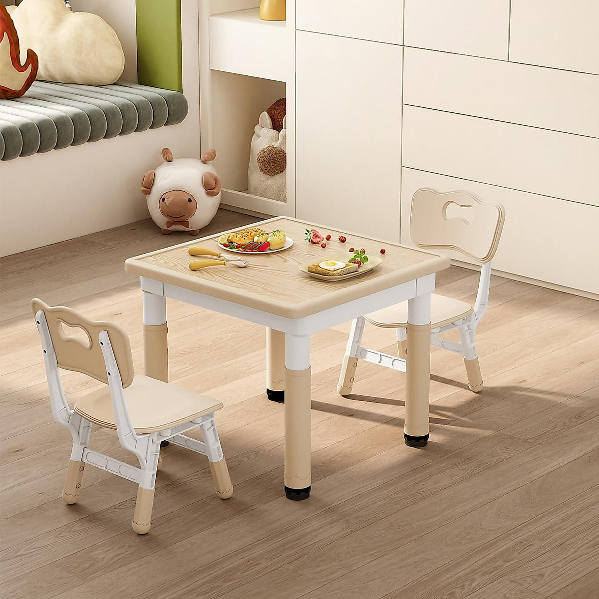 YAIWOMI Kids Table and Chair Set, Graffiti Desktop Kids Tables for Ages 3-8, Adjustable Height Toddler Table and Chair Set, 23.6''Lx23.6''W Kids Table, Toddler Table with 2 Seats, Max 300lbs