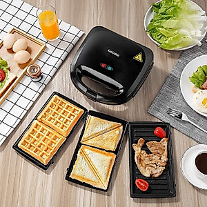 Sandwich Maker, 3 in 1 Waffle Maker, Grill, 750W, LED Indicator Lights, Cool Touch Handle, Anti-Skid Feet, Detachable Non-stick Coating, Easy to Clean,Black.