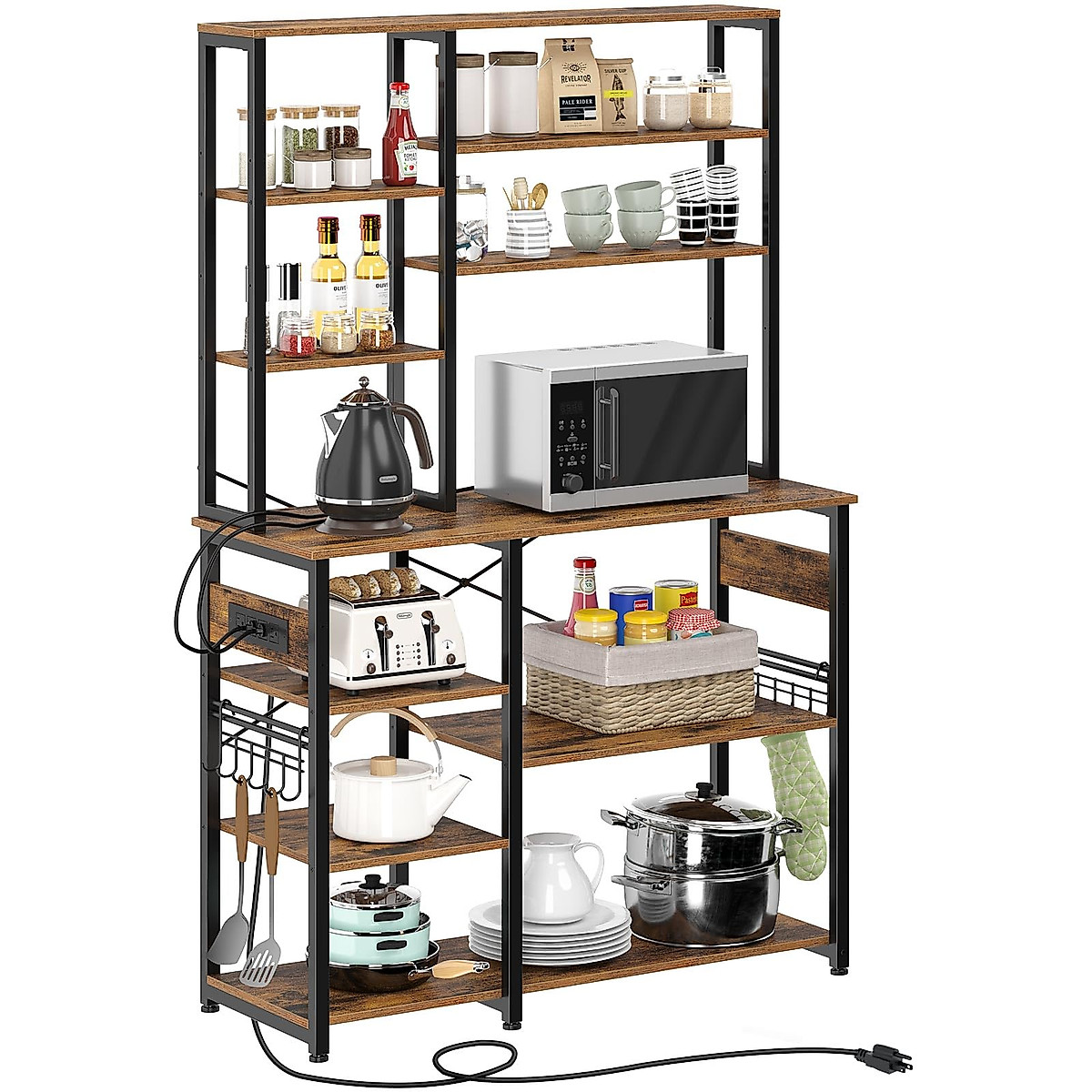 Rolanstar Baker's Rack, 60.9inch 10-Tier Kitchen Utility Storage Shelf with 15 Hooks, Large Kitchen Rack with Power Outlet, Microwave Oven Stand, Stable Coffee Bar, Rustic Brown