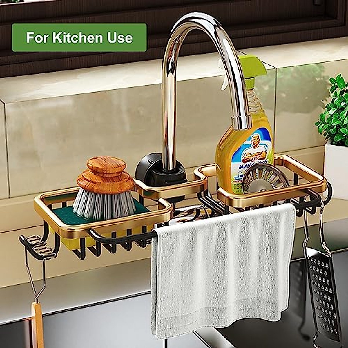Gloserin Sponge Holder for Kitchen Sink,Adjustable Detachable Sponge Holder Over Faucet,Faucet Rack for Kitchen,Sink Caddy Sponge Holder,Kitchen Sink Organizer(Double with Dishcloth Rack, Gold)
