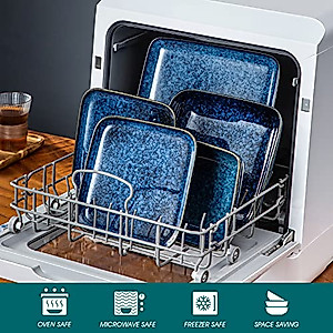 vancasso Stern Blue Dinner Set Square Reactive Glaze Tableware 16 Pieces Kitchen Dinnerware Stoneware Crockery Set with Dinner Plate, Dessert Plate, Bowl and Soup Plate Service for 4