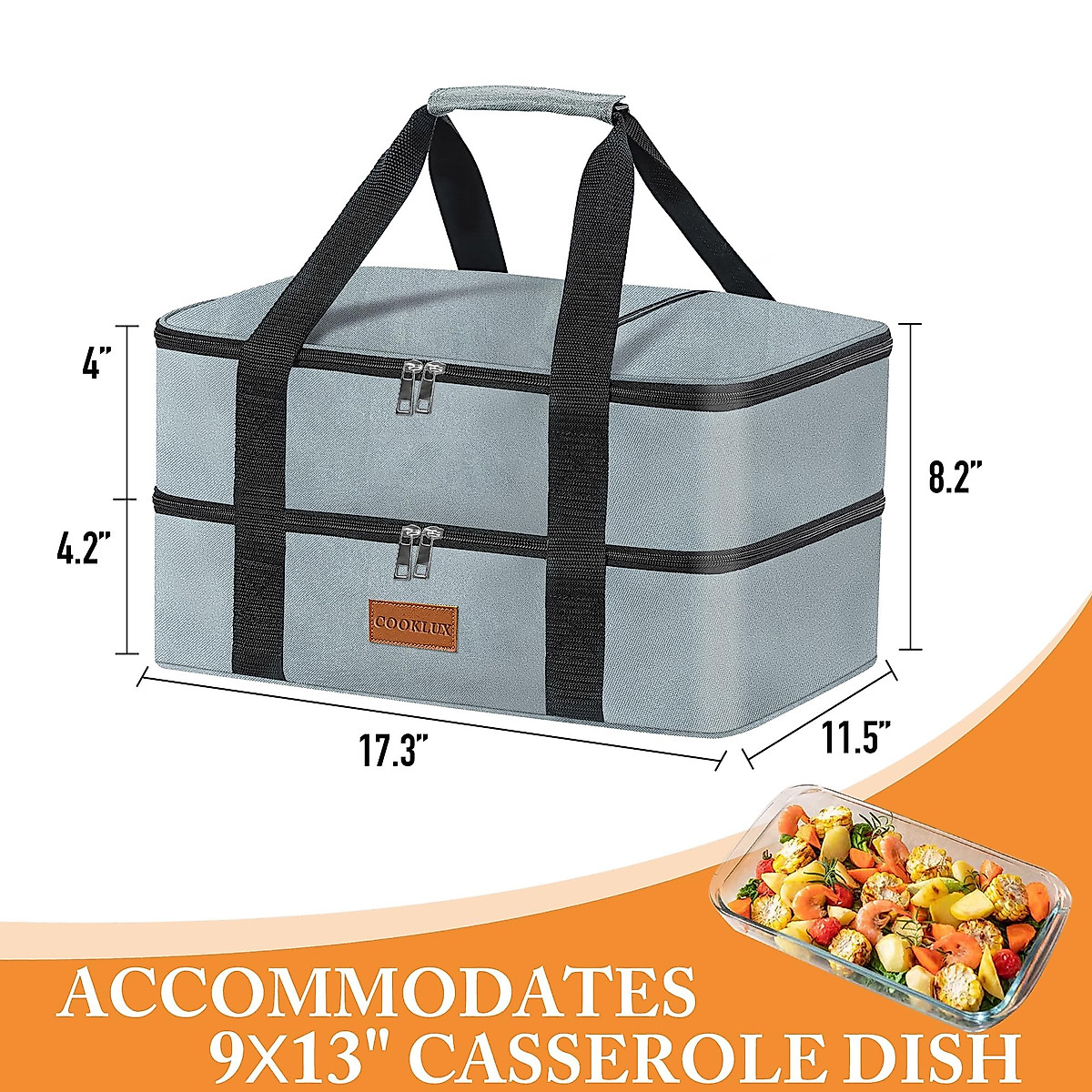 Cooklux Insulated Casserole Carrier - Double Decker Design, Food Warmer Bag for Hot&Cold Food Travel, Fits 9x13 Casserole Dish, Leak-Proof, Durable Nylon, Zip Pockets, Grey