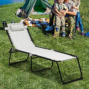 GYMAX Adjustable Chaise Lounge, Folding Lightweight Patio Recliner with Removable Pillow, Poolside Beach Sunbathing Chair for Outdoor/Indoor (Grey)