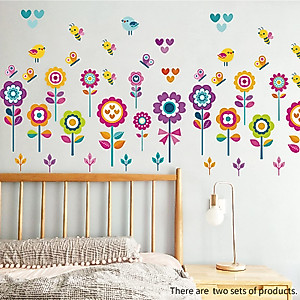 Flowers Wall Stickers for Kids Bedroom -Butterfly Bee Floral Wall Decals for Girls Room,Classroom,Nursery, Playroom- Removable DIY Peel and Stick Wall Art Decor