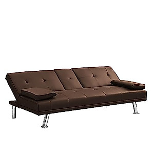 Eafurn Convertible Futon Bed with 2 Cup Holders, Modern Split-Back Folding Loveseat Sleeper w/Adjustable Backrest,Small Sofa & Couches Sofabed, Brown PU