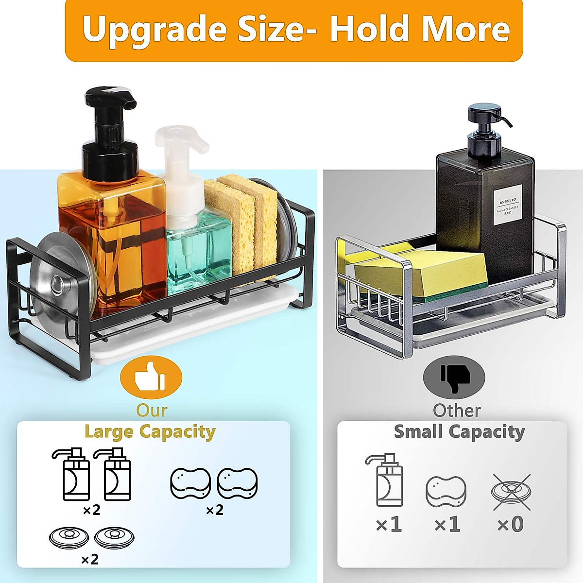 FANGSUN Large Sponge Holder for Kitchen Sink, 304 Stainless Steel Sink Caddy Organizer with Removable Drip Tray, Kitchen Countertop Dish Soap Holder, Not Include Soap Dispenser, Black