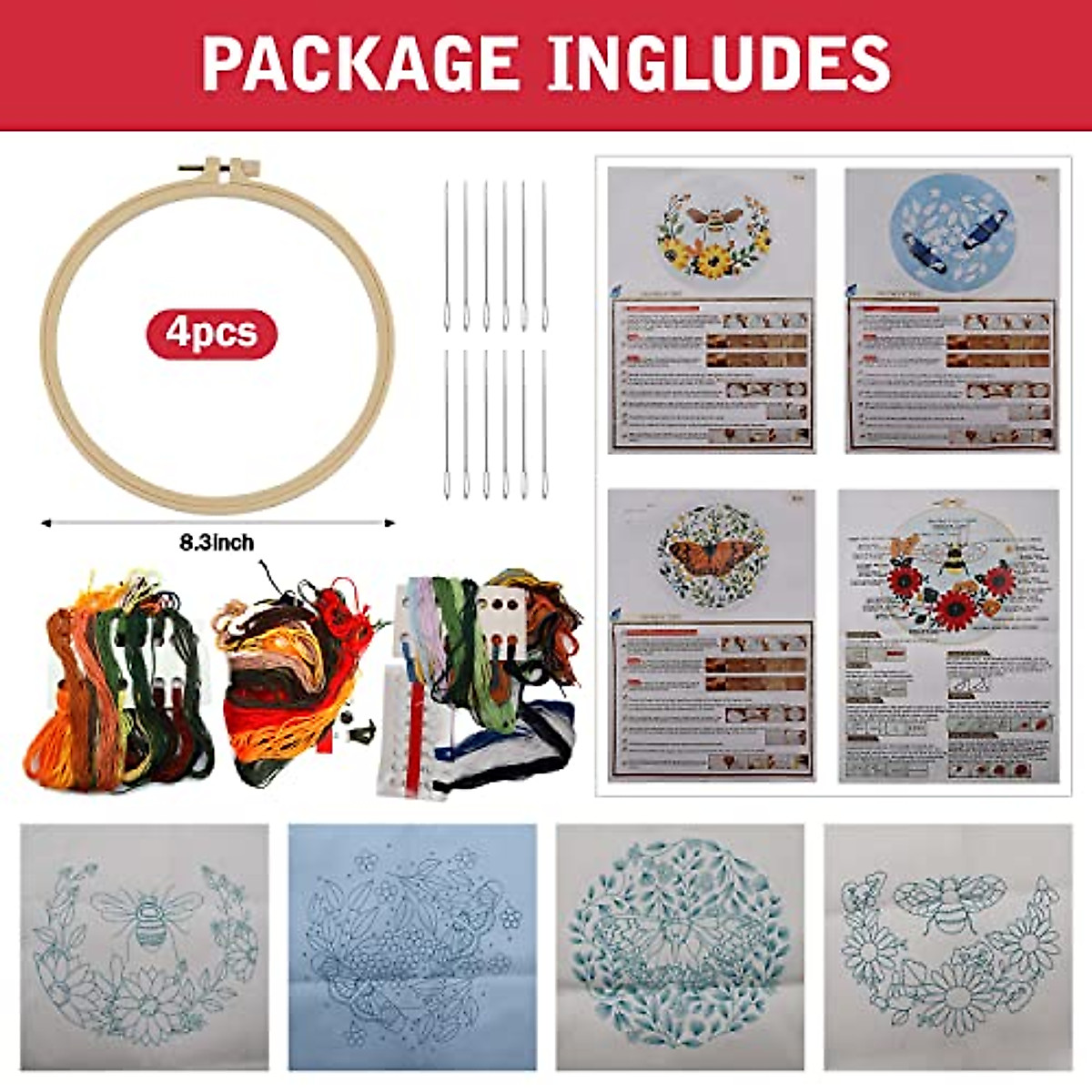 Embroidery Kit for Beginners, Butterfly Bee Flower Embroidery Starter Kit for Adults, 4 Sets Cross Stitch Practice Kits for Craft Lover, Including 4 Embroidery Hoop, Colored Threads and Needles