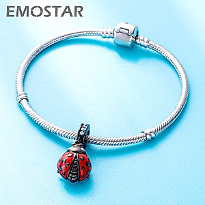 EMOSTAR Dangle Gun Black Ladybug Charms fits Pandora Christmas Bracelet, 925 Sterling Silver Ladybird Beetle Beads Lady Bug Pendant with Red Wings Enamel, Gift for Insect Lover/Women