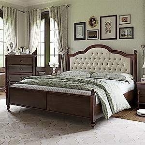 AMERLIFE Solid Wood Bed Frame Queen Size, Transitional Platform Bed with 52.5" Upholstered Tufted Headboard, Rubberwood/Roman Column Accents/Wood Slat Support/No Box Spring Needed