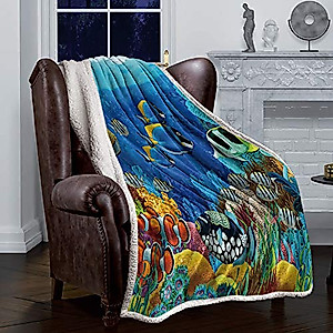 Fluffy and Soft Plush Sherpa Reversible Blanket 59"x79",Cartoon Underwater Graphic with Algaes Coral Reefs Fishes The Life Aquatic Throw Blanket for Children and Adult,Machine Washable Non-Shedding