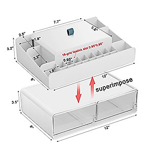 Makeup Organizer, 12-Inches Wide, 25-Compartment Holder for Cosmetics, Skin Care Products, Stackable Make Up Storage Organizer with 2 Drawers, Cosmetic Display Cases for Vanity Countertop Bathroom
