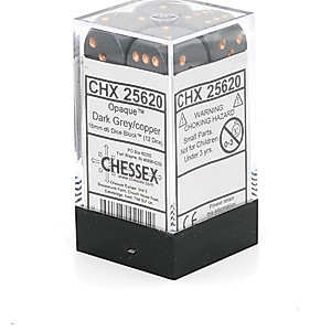 Chessex Manufacturing 16mm Opaque Dark Grey and Copper Plastic Polyhedral Dice Set-Dungeons and Dragons Dice Includes 12 Dice – D6 (CHX25620)