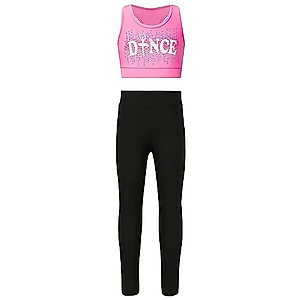 Yeahdor Kids Girls' 2 Piece Athletic sleeveless Dance Crop Tops with Legging Set Gym Workout Fitness Active Outfit Printed Pink 8 Years