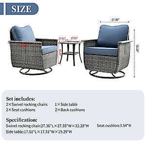 ovios 3 Pieces Patio Rocking Swivel Chairs with Side Table, Outdoor Wicker Rattan Rocker Chair of 2 with High Back Comfy Cushions for Porch Deck Garden (Grey Wicker-Denim Blue)