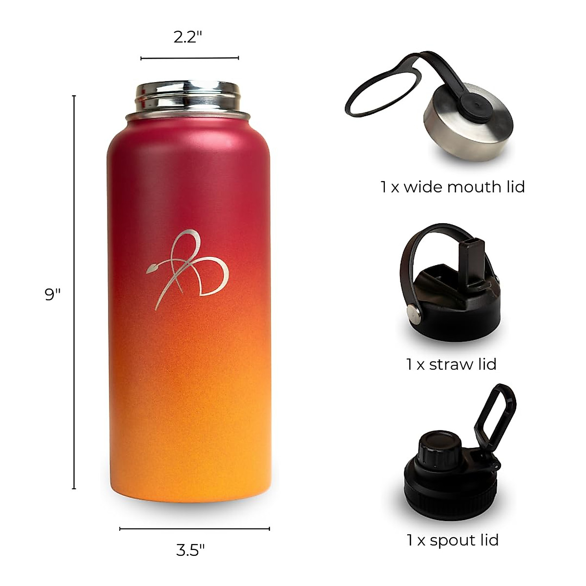 Bright Line Eating Signature B Logo 32oz Stainless Steel Water Bottle - Insulated, Dishwasher Safe, BPA Free, Includes 3 Lids, Orange Silicone Boot