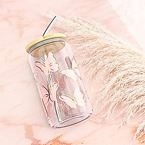 Iced Coffee Cup with Bamboo Lids and Straws | 16 oz Mason Jar Cups & Iced Coffee Tumbler with Lid and Straw | Glass Cups for Iced Coffee, Boba Cup | Beer Can Glass & Smoothie Cup - Butterfly