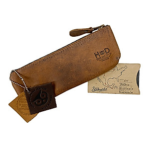 Hide & Drink, Rectangular Pencil Case, Pen & Marker Pouch for Men and Women, Flat Zippered Holder, Classic Style for Artists, Full Grain Leather, Handmade, Bourbon Brown