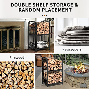 Mr IRONSTONE Firewood Rack with Fireplace Tools Set, Fireplace Tool Rack for Indoor Outdoor Fire Log Holder Wrought Iron Large Wood Stove with Firepit Tools, Brush, Shovel, Poker, Tongs, Black