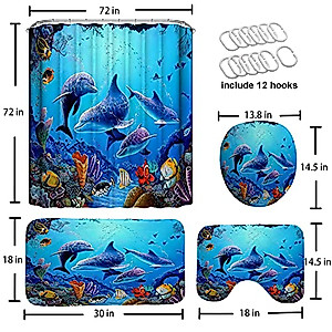 TDCQQGQQ Tropical Ocean Shower Curtain Sets, Sharks and Dolphins Waterproof Windproof Washable Shower Curtain and Rug Set for Bathroom, Toilet Lid Cover and Bath Mat with 12 Hooks.