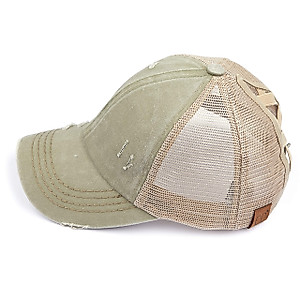 C.C Exclusives Washed Distressed Cotton Denim Criss-Cross Ponytail Hat Baseball Cap Bundle Hair Tie (BT-780)(BT-791) (A Elastic Band-Olive)