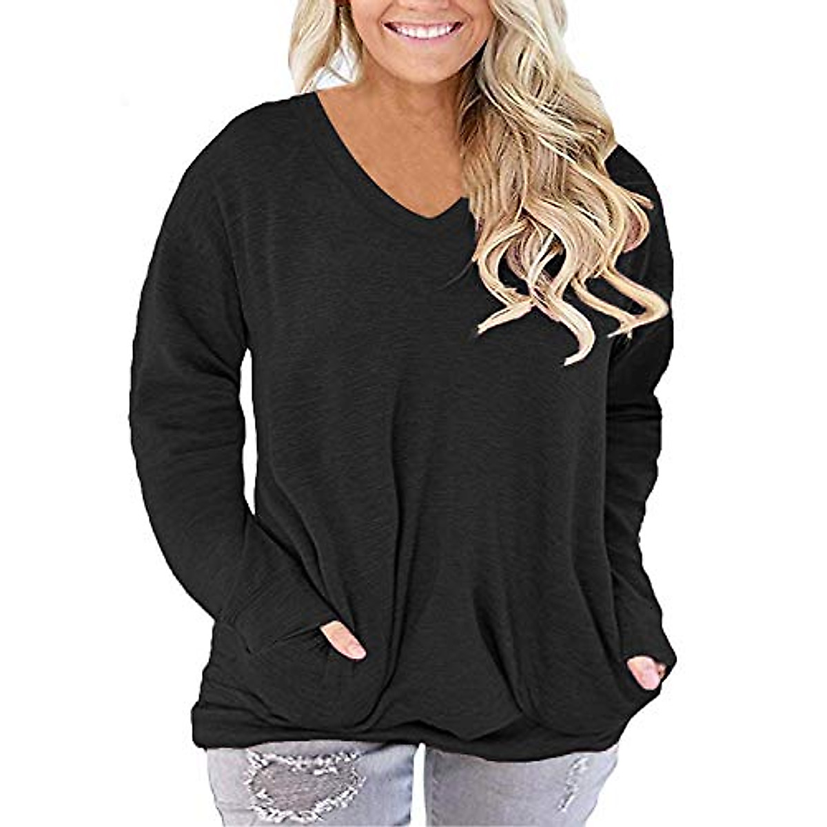 ROSRISS Plus Size Sweatshirts for Women 3X Long Sleeve V Neck T Shirts Black 22W
