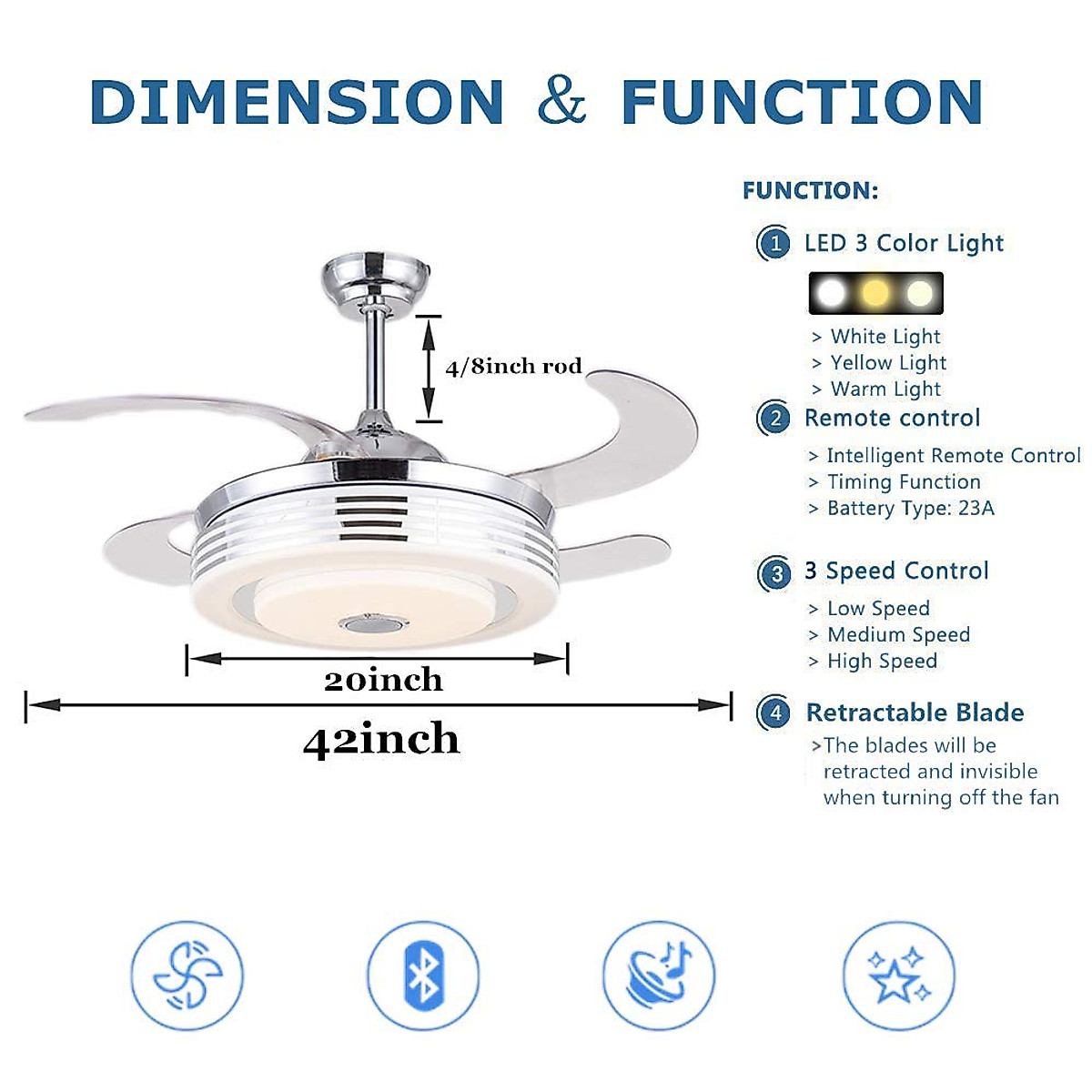 Fandian 42" Ceiling Fan with Lights Smart Bluetooth Speaker Remote Control Chandeliers, Retractable Blades, 3 Speed, Dimmable 7 Color Change Lighting for Living Room Bedroom