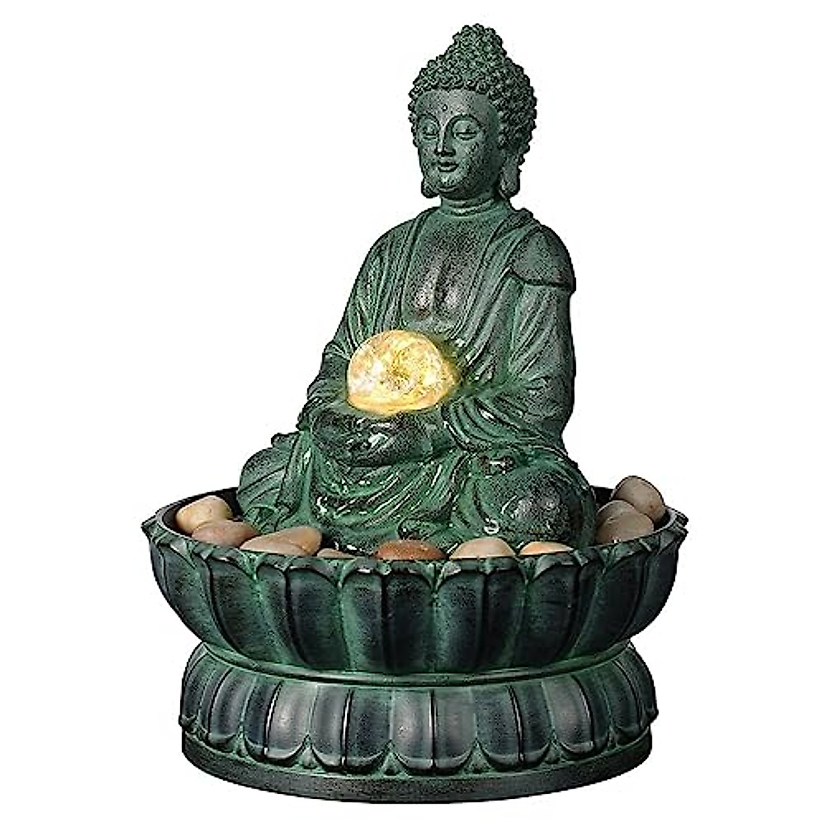 Haobos Indoor Tabletop Fountain Exquisite Sitting Buddha Fountains Meditation Desk Water Fountain Decorative Zen Fountain w/Glass Rolling Ball/LED/Stone Office and Home Decor 9.4" (21127A)