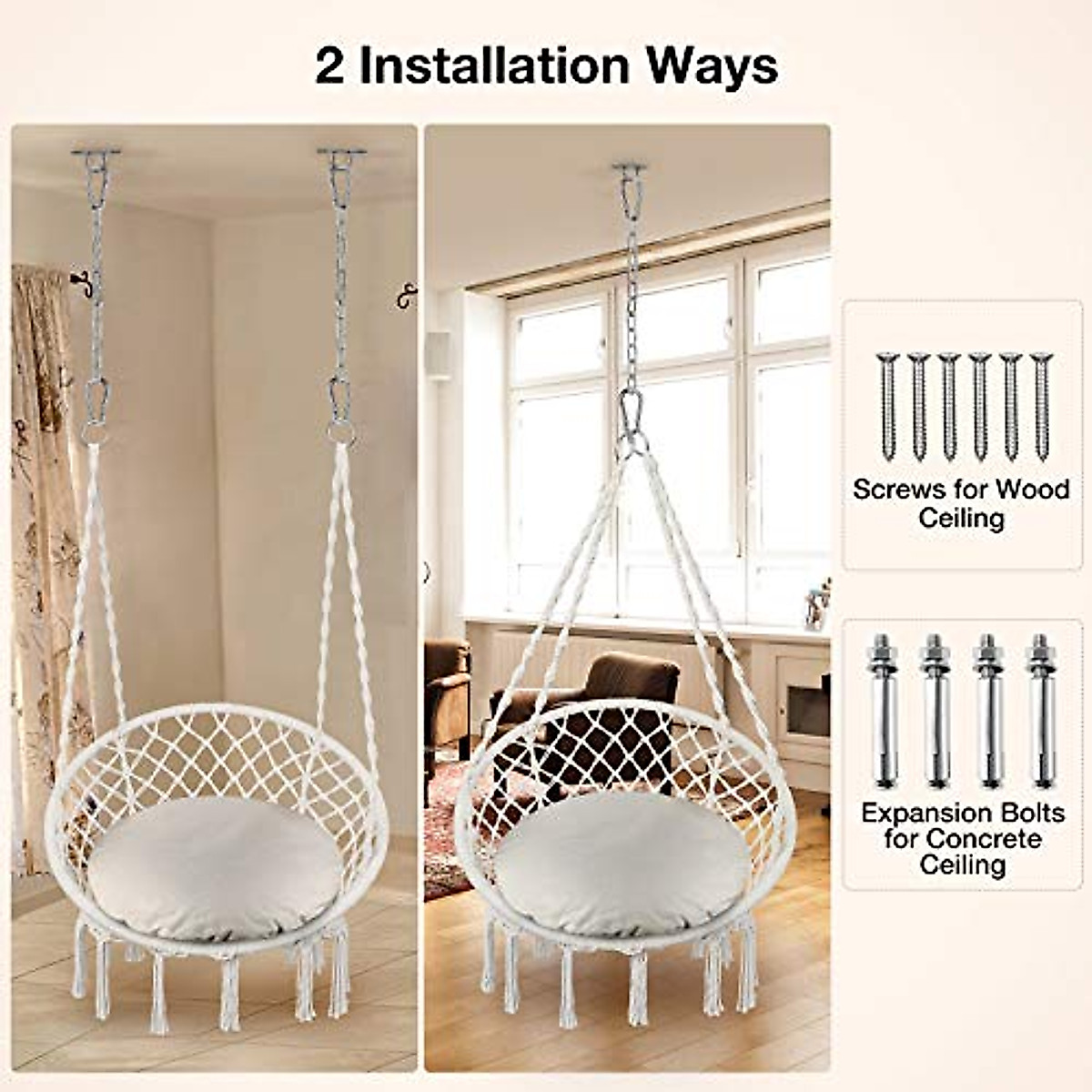 Greenstell Hammock Chair, Macrame Swing with Cushion and 304 Stainless Steel Hanging Kits, Max 330Lbs Hanging Cotton Rope Swing Chair, for Indoor, Outdoor, Home, Patio, Yard (Beige)