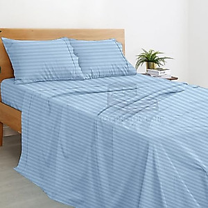 Olympic Queen Cotton Bed Sheets Set-400 Thread Count Cotton Sheets-4 Piece Sheet Set Fits Mattress Upto 12 Inch Deep Pocket Fitted Sheet-66 x 80 Size Sheets-Light Blue Stripe Olympic Queen Size Sheets
