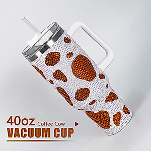 Cupcupmore 40oz Coffee Cow Bling Rhinestone Stainless Steel Sippy Tumbler Glitter Vacuum Insulated Water Bottle with Straw & Lid & Handle,Thermos for Hot & Cold Drinks,Car Cup Holder,Coffee
