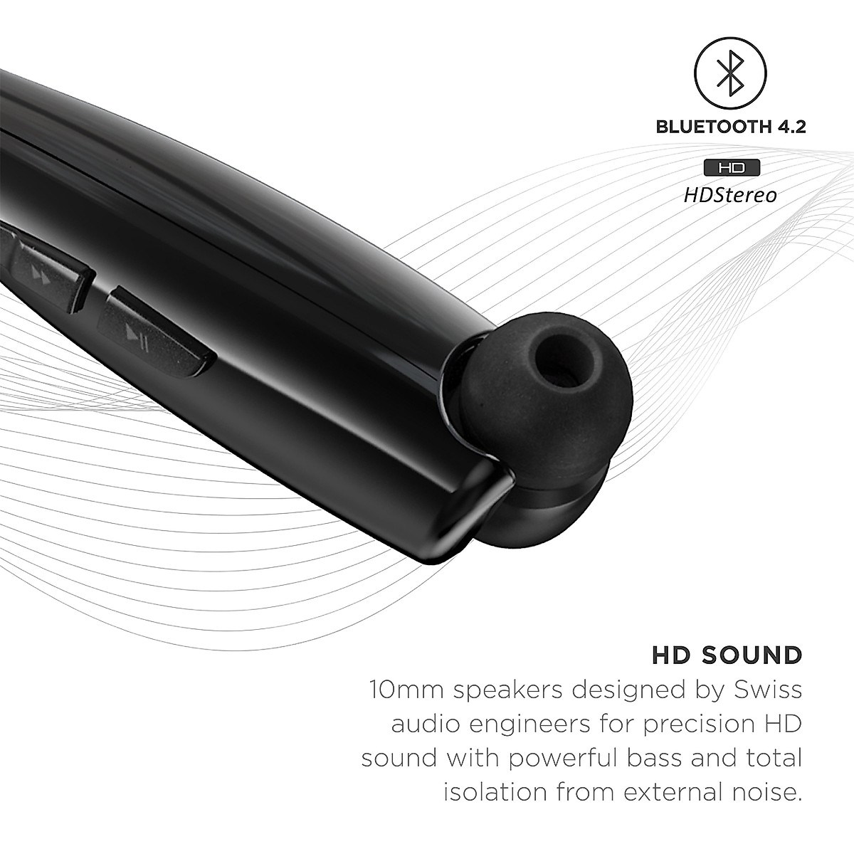 phaiser BHS-950 Bluetooth Headphones with Charging Case, Retractable Neckband Earbuds with Microphone, Wirefree Sweatproof Inear Earphones, Wireless Portable Cordless Stereo Headset, Blackout