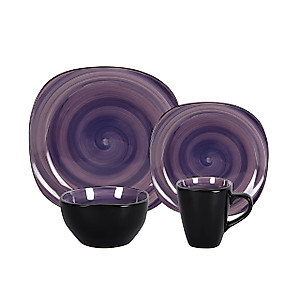 HomeVss, Stoneware Square 16pc Dinnerware Set, Inside Spinwash Swirl Purple + Outside Black