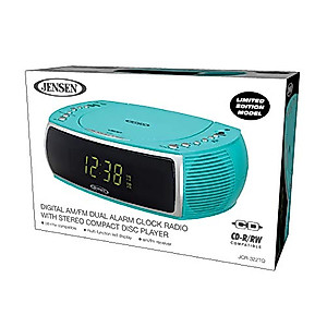 Jensen Turquoise Modern Home CD Tabletop Stereo Clock Digital AM/FM Radio CD Player Dual Alarm Clock Stereo CD Top-Loading Disc Player | USB Charging Port DV 5V 800mA | Headphone Jack | 0.9 Display