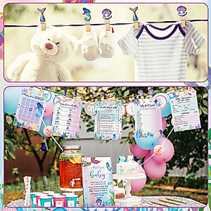 Patelai 321 Pcs Baby Shower Games Supplies, 5 Sets (50 Cards Each) Activities Cards with 20 Pencils 1 Don't Say Baby Sign 50 Clothespin(Mermaid)