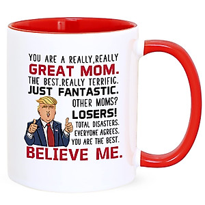 YHRJWN - Gifts for Mom, Great Mom Coffee Mug, Mom Birthday Gifts, Funny Mom Cup Gifts from Daughter Son, Great Mothers Day Gifts Christmas for Mom Mother 11 Oz White(Red Handle)