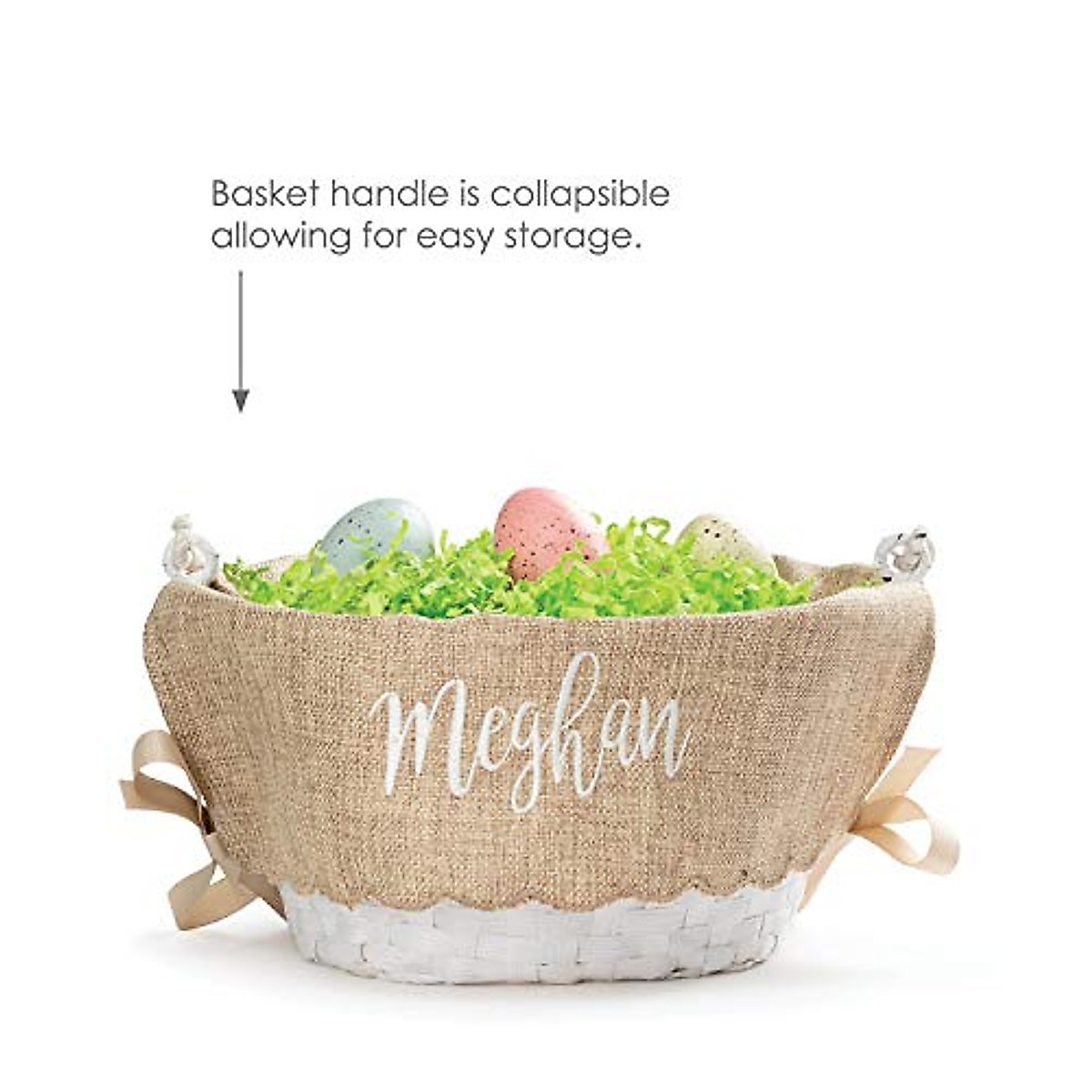 Personalized Easter Egg Basket with Handle and Custom Name in White Script | Scallop Edge Burlap Easter Basket Liners | White Basket | Woven Easter Baskets for Kids Adults | Customized Easter Basket