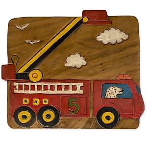 Sea Island Imports Red Fire Truck Design Hand Carved Acacia Hardwood Decorative Short Stool