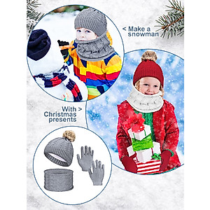 12 Pcs Kids Hat Scarf Gloves Set Winter Knit Beanie Cap Satin Inner Lining Neck Warmer Gaiter Warm Thermal Mittens Christmas Gift for Toddler Girls Boys 2-7 Years